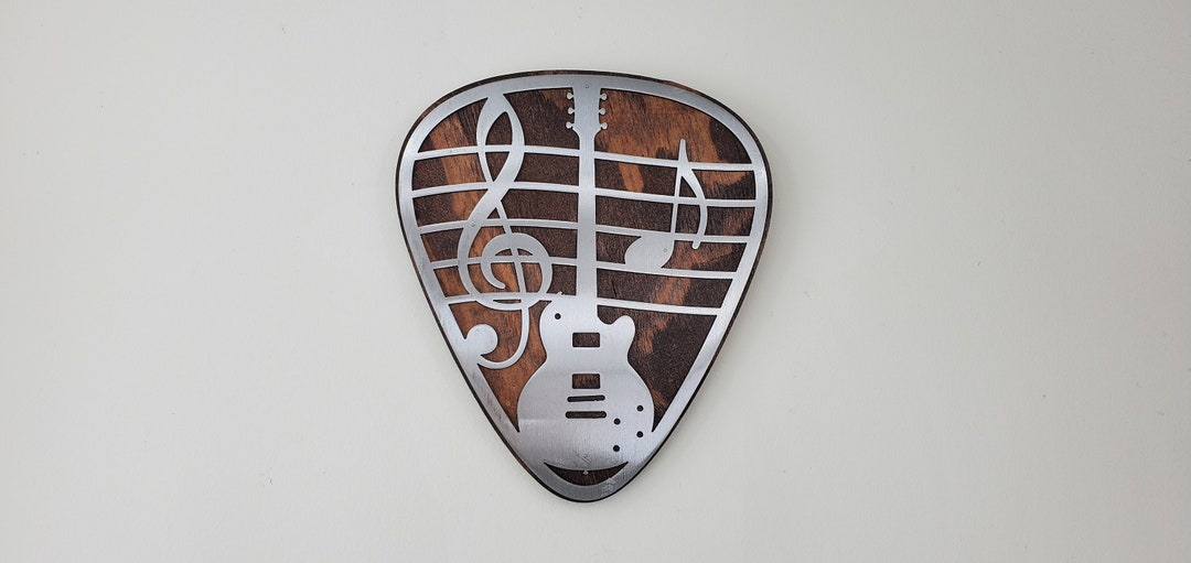 Guitar Pick Metal Art: Music Note Steel on Stained Wood - Etsy