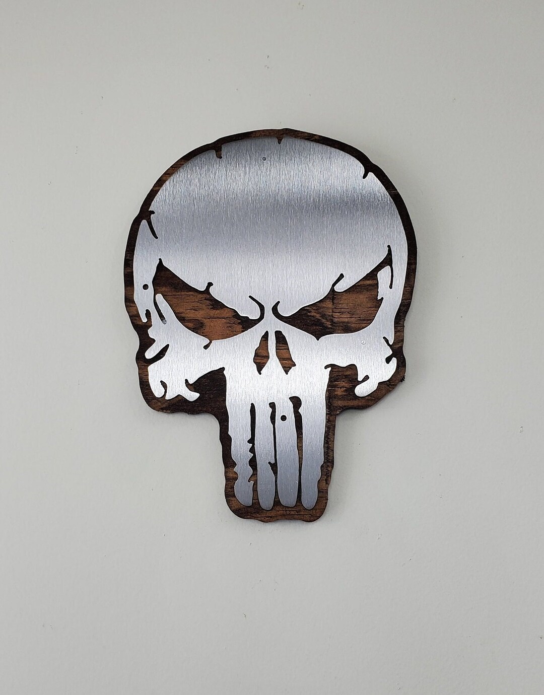 Distressed Punisher-style Skull Metal Art on Wood | Metal on Stained ...