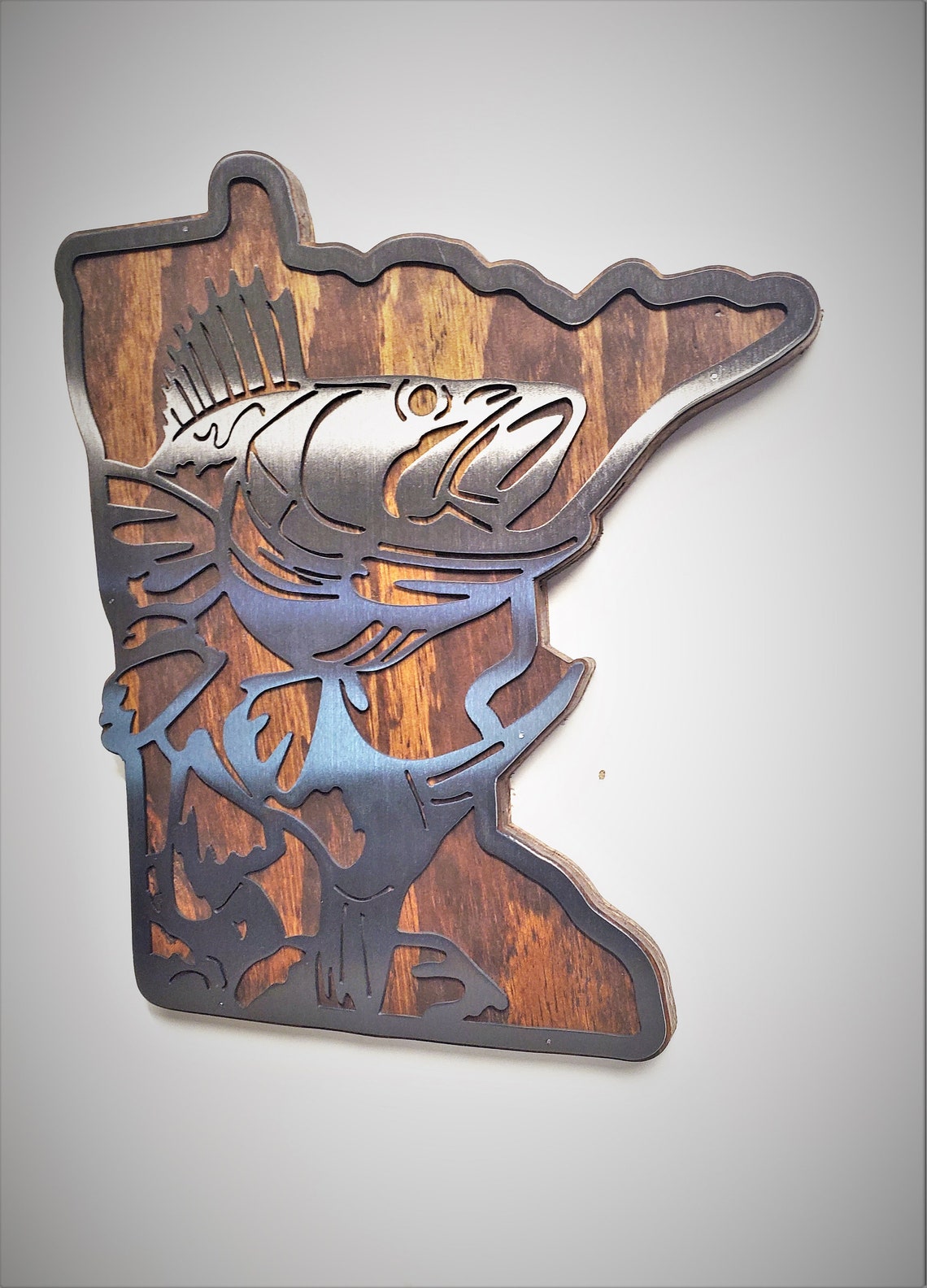 Minnesota With Walleye Fish Scene Metal Art on Wood Made in - Etsy