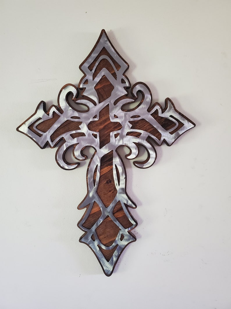 Tribal Metal Art Cross on Rustic Wood: Unique Wall Decor - Etsy Denmark