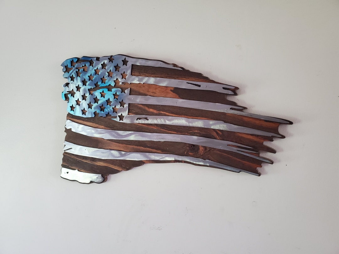 Tattered American Flag Wall Art: Rustic Metal & Wood Americana Plaque ...