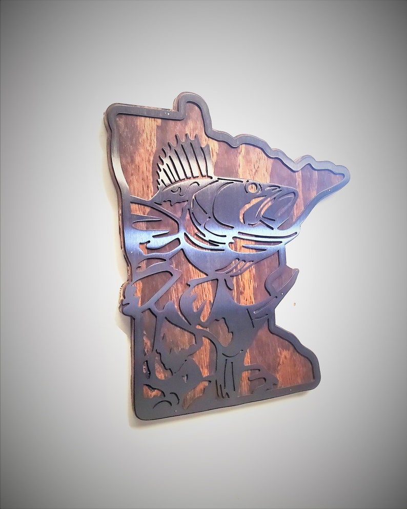 Minnesota With Walleye Fish Scene Metal Art on Wood Made in - Etsy