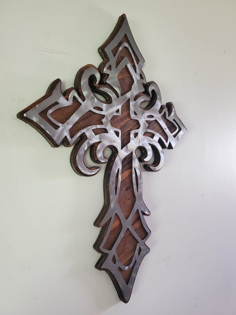 Tribal Metal Art Cross on Rustic Wood: Unique Wall Decor - Etsy Denmark