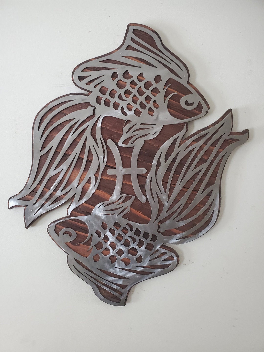 Pisces Zodiac Symbol Metal Art on Wood February March Birthday Fish ...