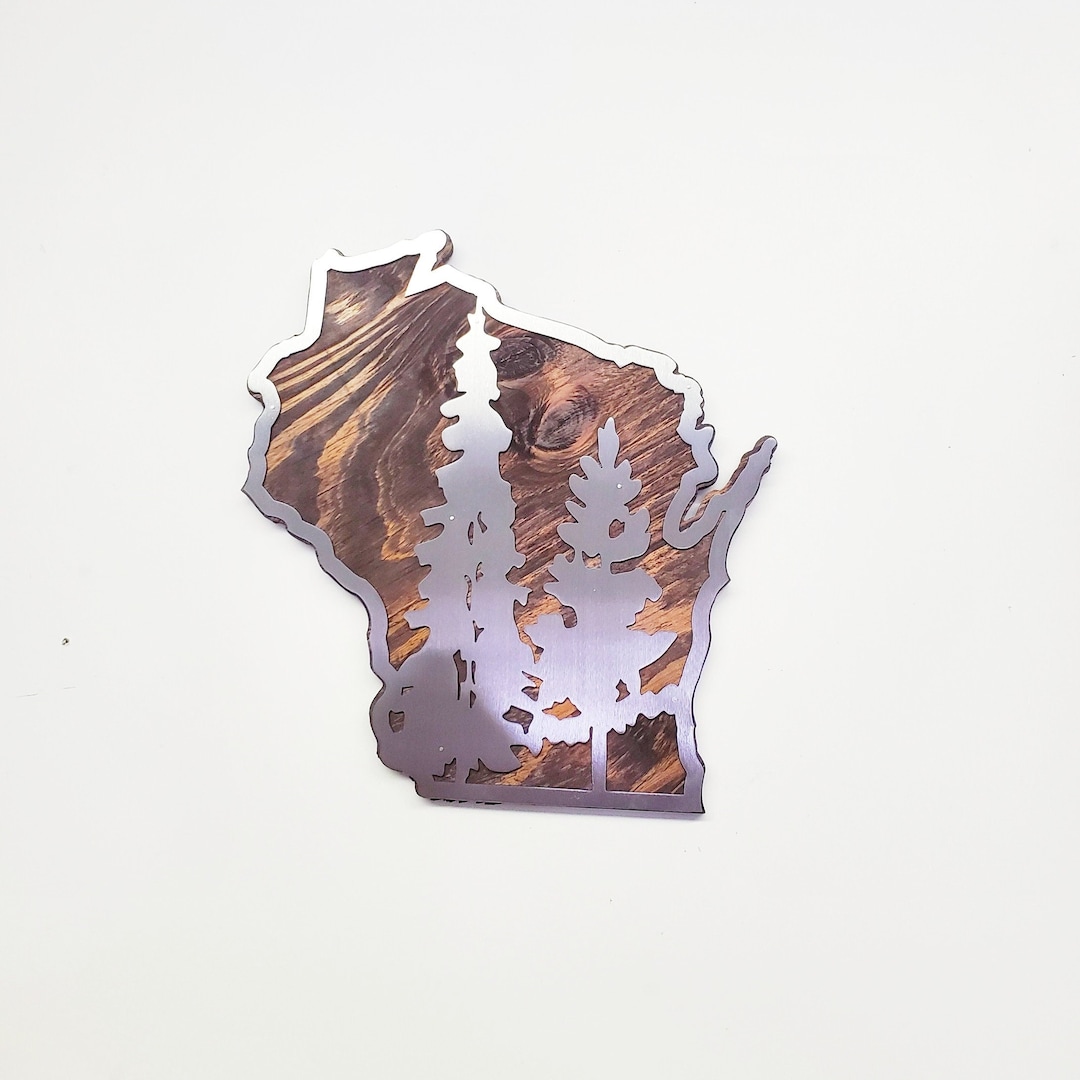 Wisconsin State Shape With Trees Metal Art on Wood | Wisconsin State ...