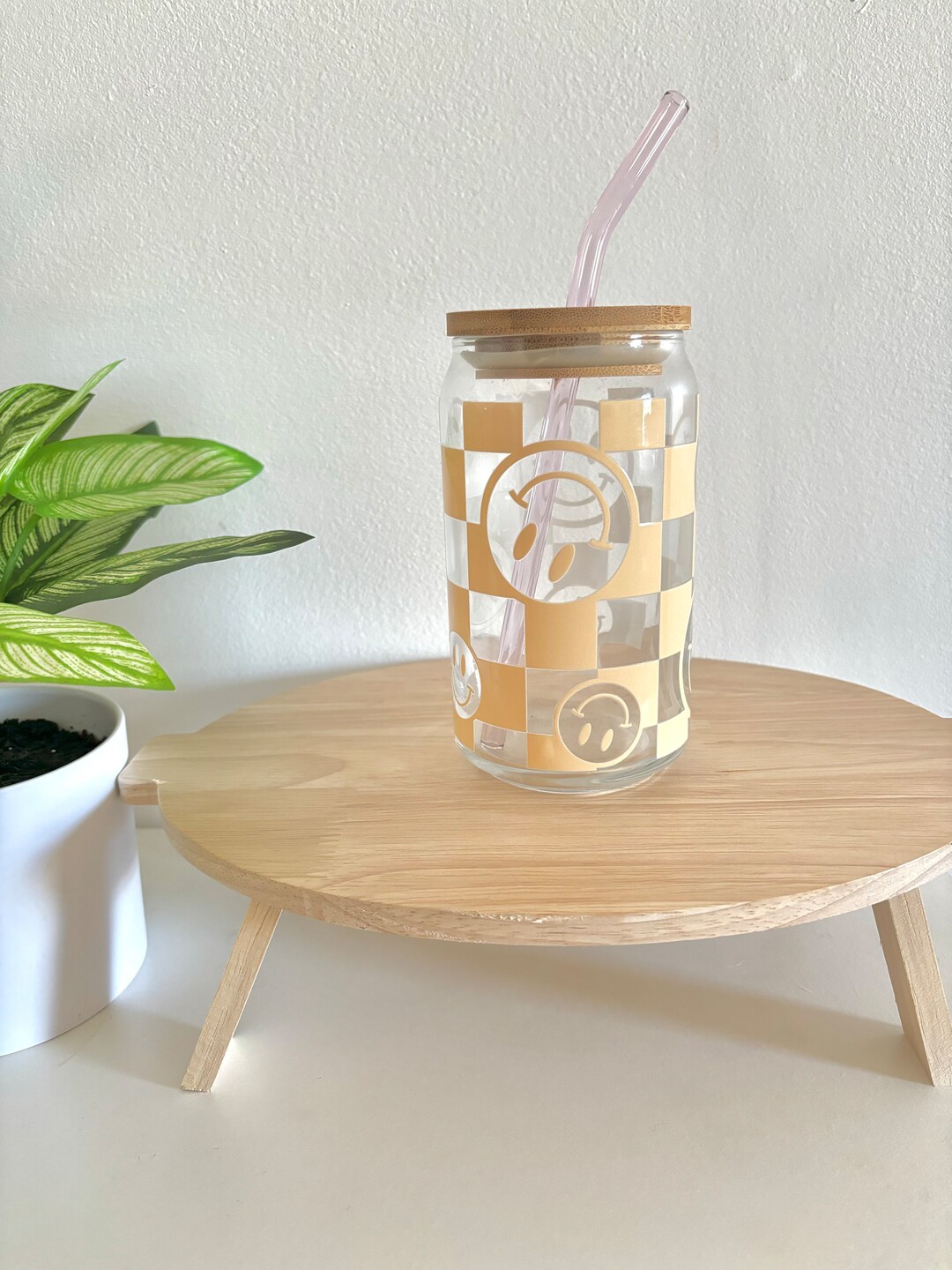 Checkerboard Cup, Smiley Face Cup, Retro Glass Cup, Cute Glass Cup ...