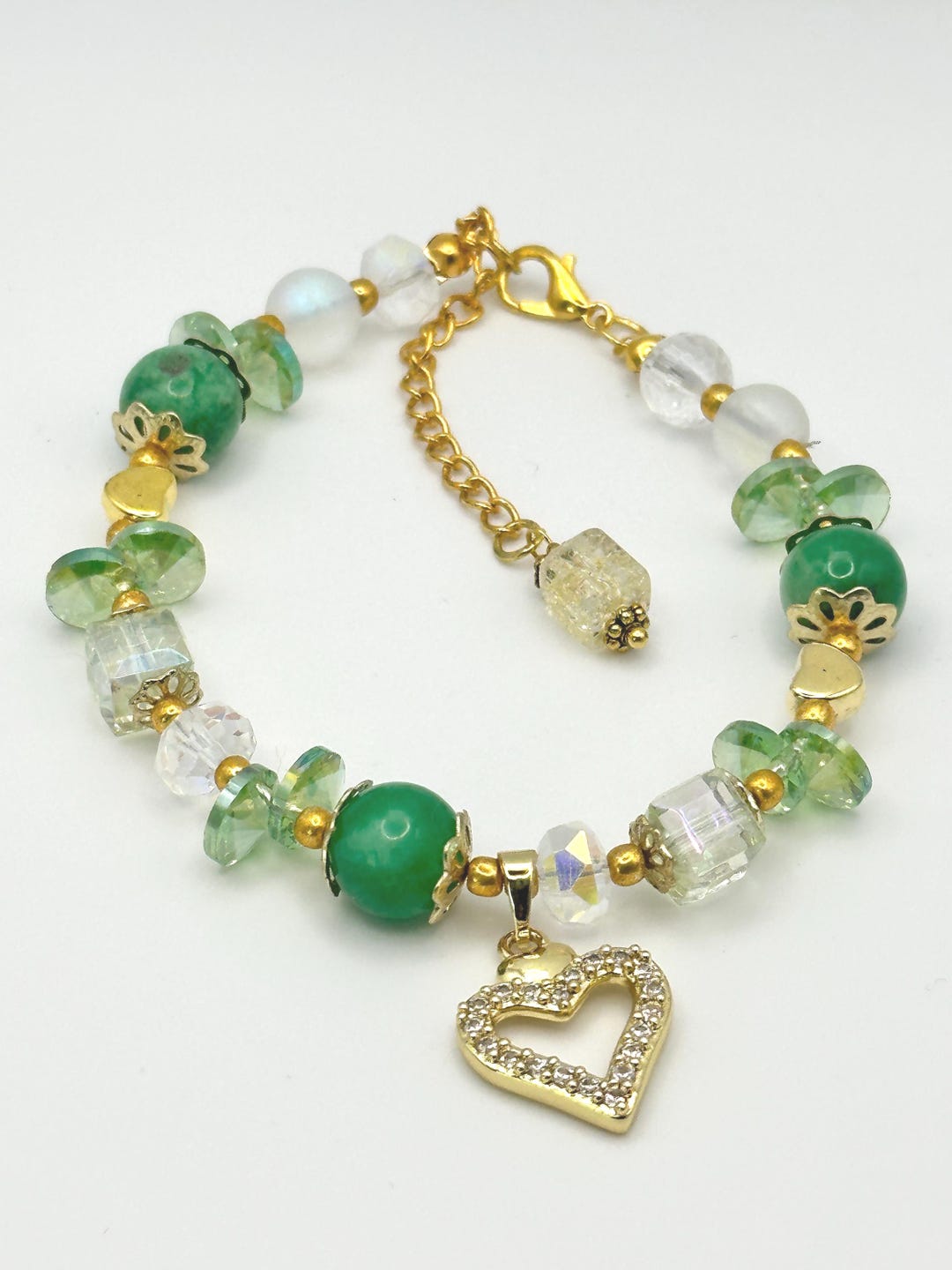 A Beautiful 6.75in Adjustable Green Agate, Crystal, and Iridescent ...