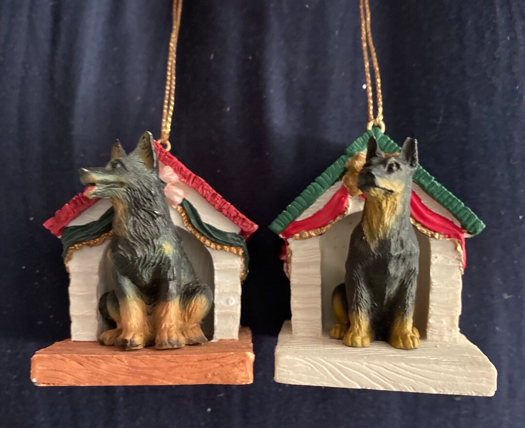 Vintage GSD German Shepherd Dog Cast Resin Christmas Doghouse Ornaments ...