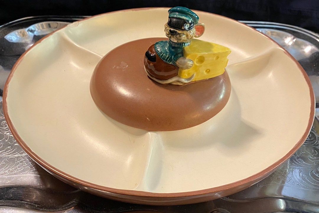 Vintage California Pottery Mouse Bandit Divided Platter With Covered ...