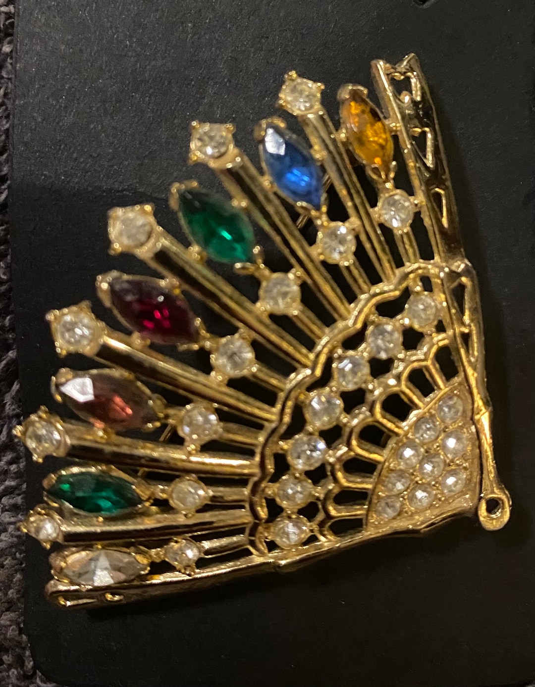 Vintage Gemstone and Gold Tone Fan Brooch With Charm Loop - Etsy