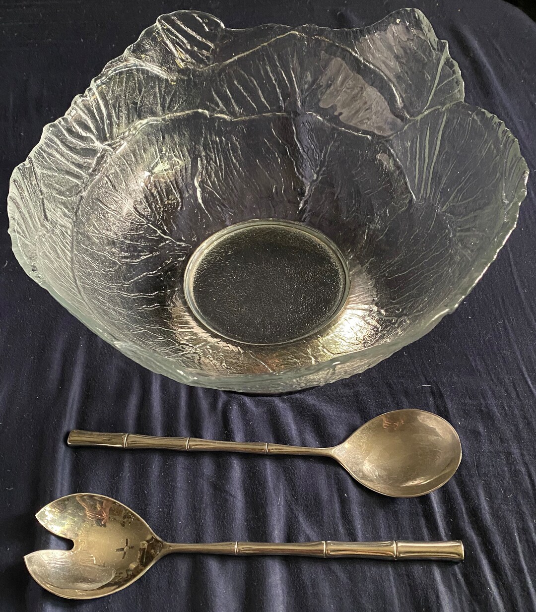 Vintage Godinger 3 Piece Oversized Crystal Leaf Salad Set With Silver ...