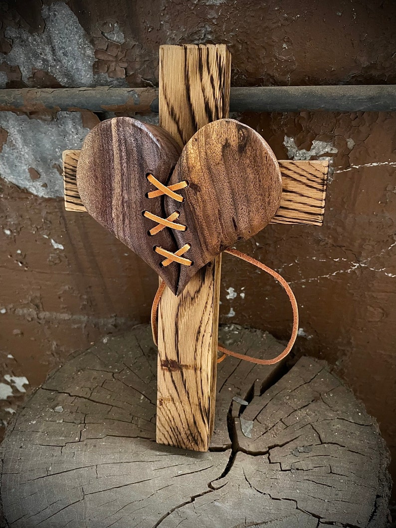 Wood Heart on Rustic Cross Wall Decor Leather Stitched Gift - Etsy