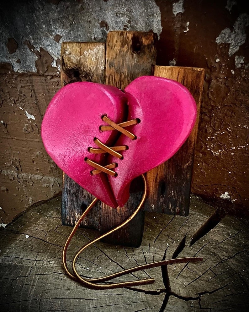 Rustic Wood Heart Wall Art Leather Stitched Colorful Handmade - Etsy