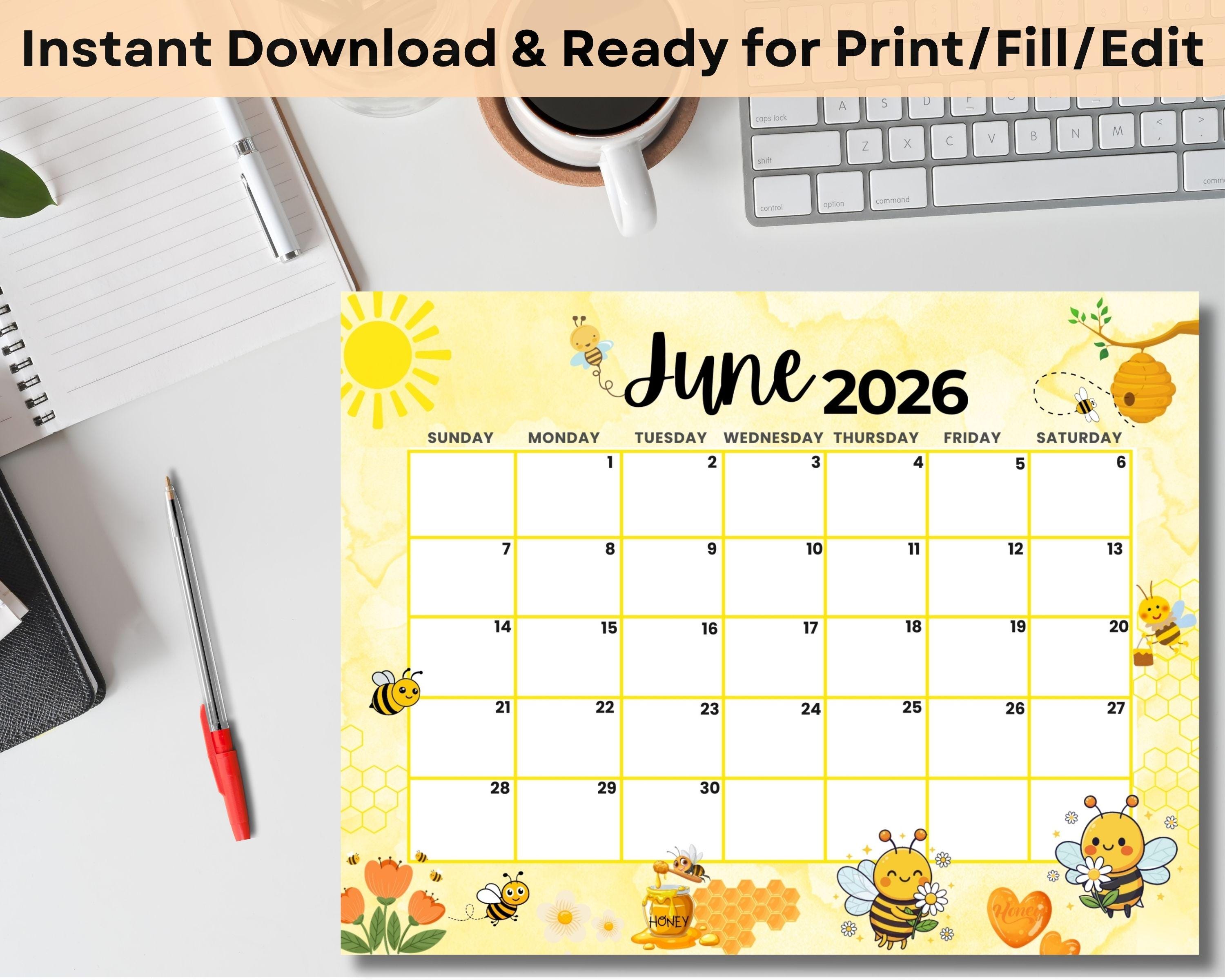 June 2026 Printable Calendar |fillable & Editable Planner for Kids ...