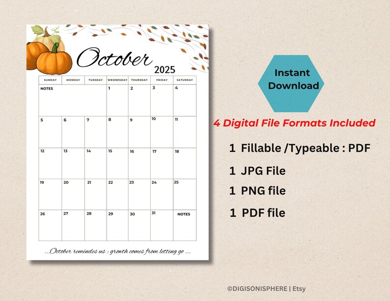 October 2025 Calendar: Simple Script, Fillable PDF (instant Download ...