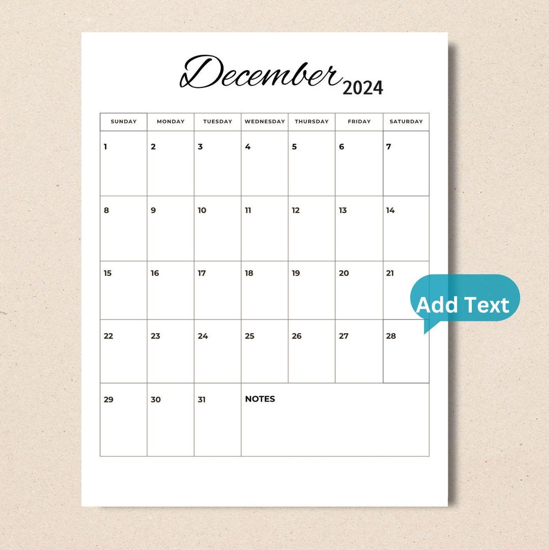 December 2024 Calendar Fillable & Editable Simple Script Calendar ...