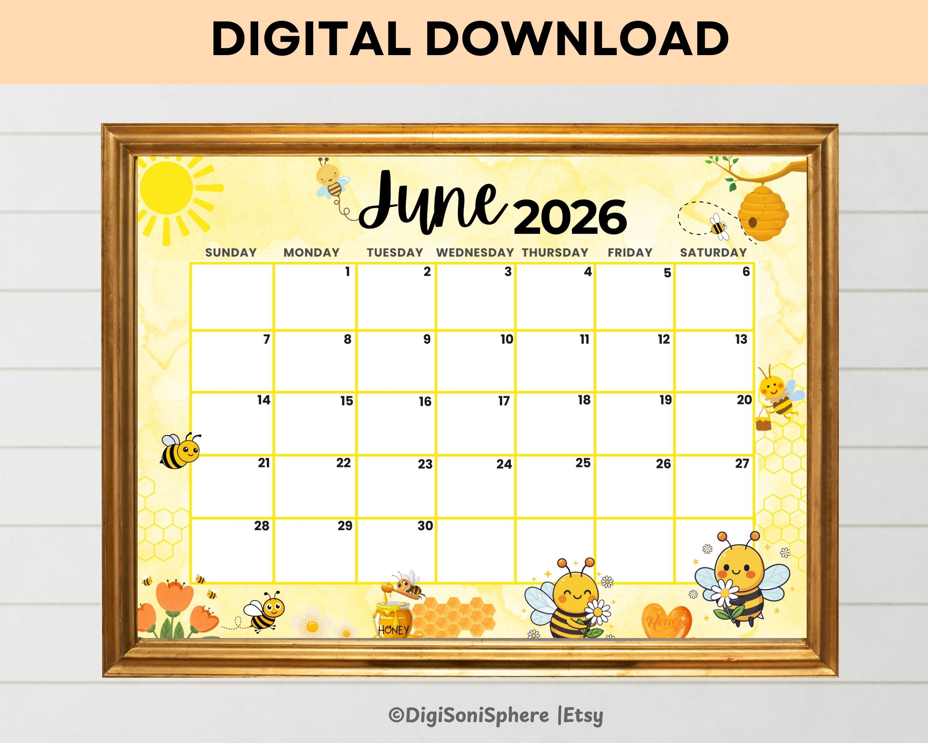 Printable June 2026 Calendar | Bee & Honey Theme | Editable ,fillable ...