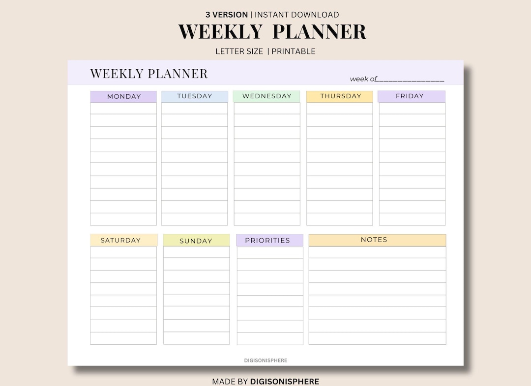 Printable Weekly Planner | Undated PDF | Lined, Blank , Numbered | Week ...