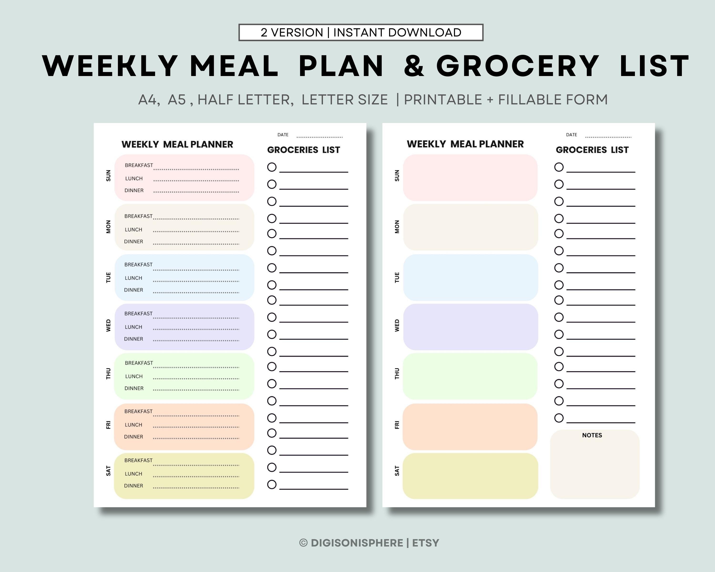 Weekly Meal Planner Printable: Fillable PDF With Grocery List - Etsy