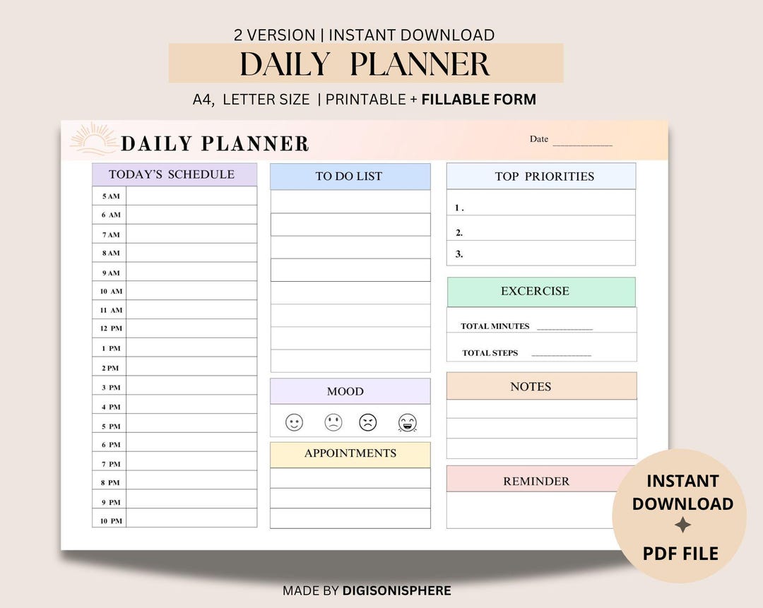 Editable Daily Planner | Fillable & Printable PDF | To-do List ,mood ...