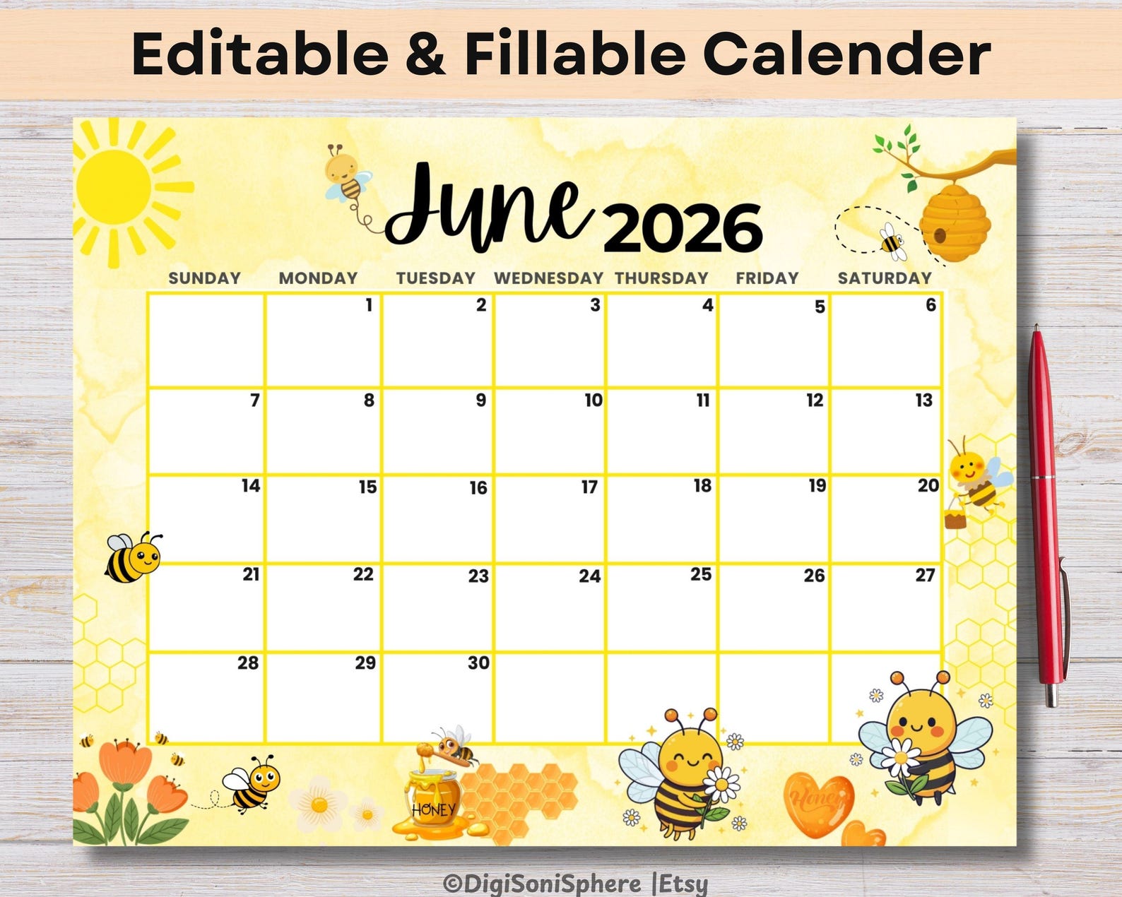 June 2026 Calendar | Bee & Honey Theme, Printable Editable and Fillable ...
