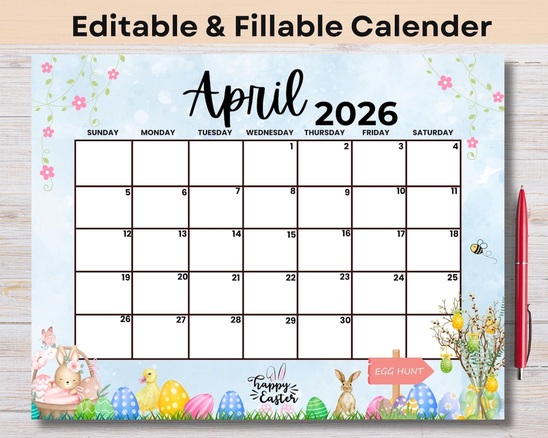 Editable April 2026 Calendar | Monthly Planner for Kids, School, Work ...