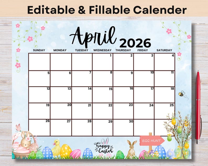 Editable April 2026 Calendar | Monthly Planner for Kids, School, Work ...