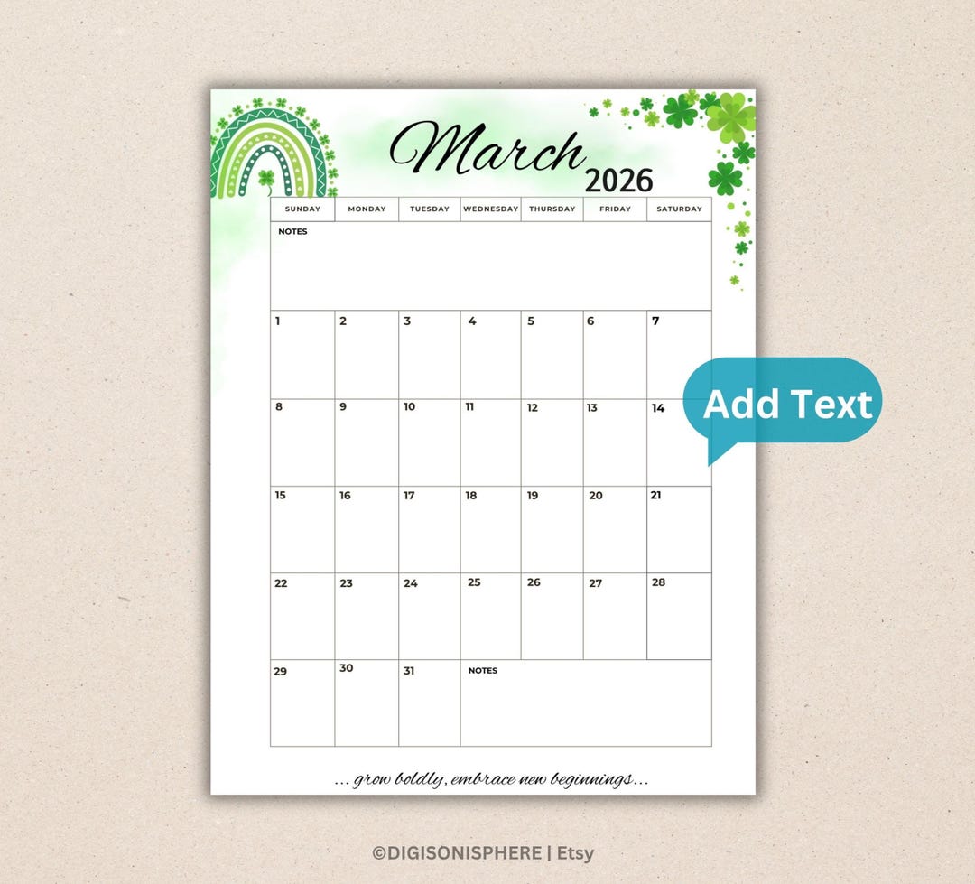 March 2026 Calendar: Fillable, Simple Script (PDF, PNG, JPG) - Etsy