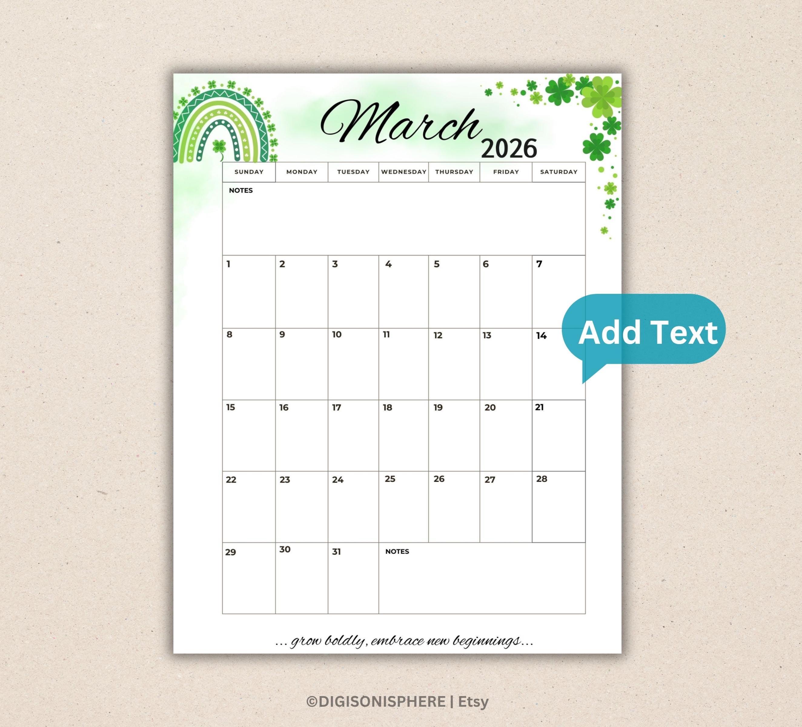 March 2026 Calendar: Fillable, Simple Script (PDF, PNG, JPG) - Etsy