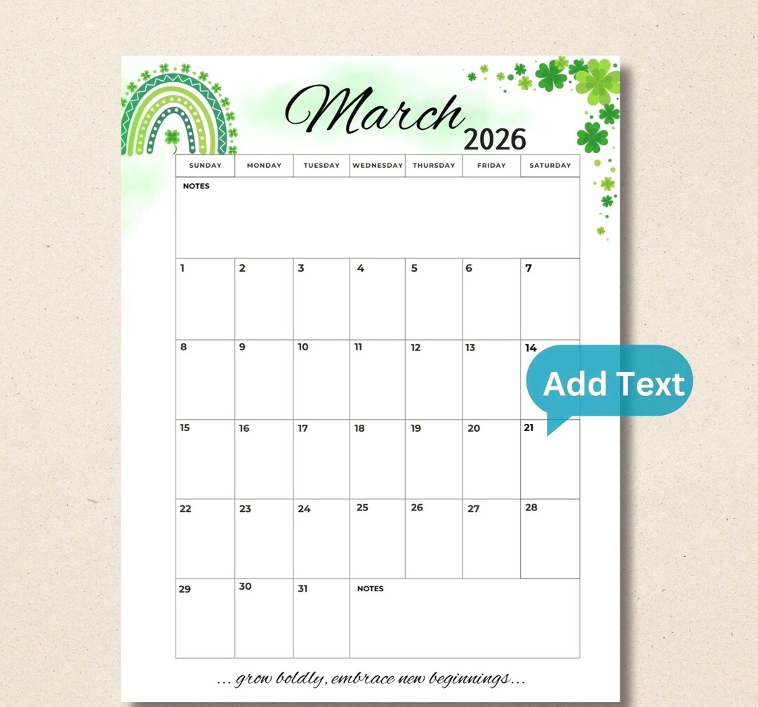 March 2026 Calendar Printable, St Patricks Day Theme, Shamrock Rainbow ...