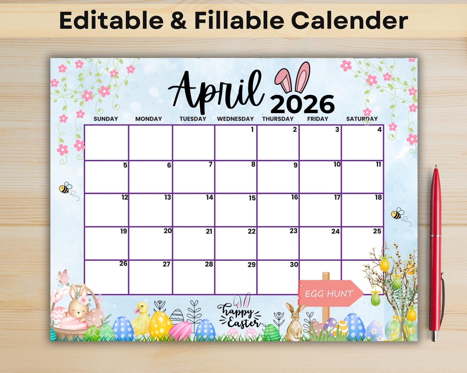 Printable April 2026 Calendar | Easter Theme, Editable PDF (digital ...