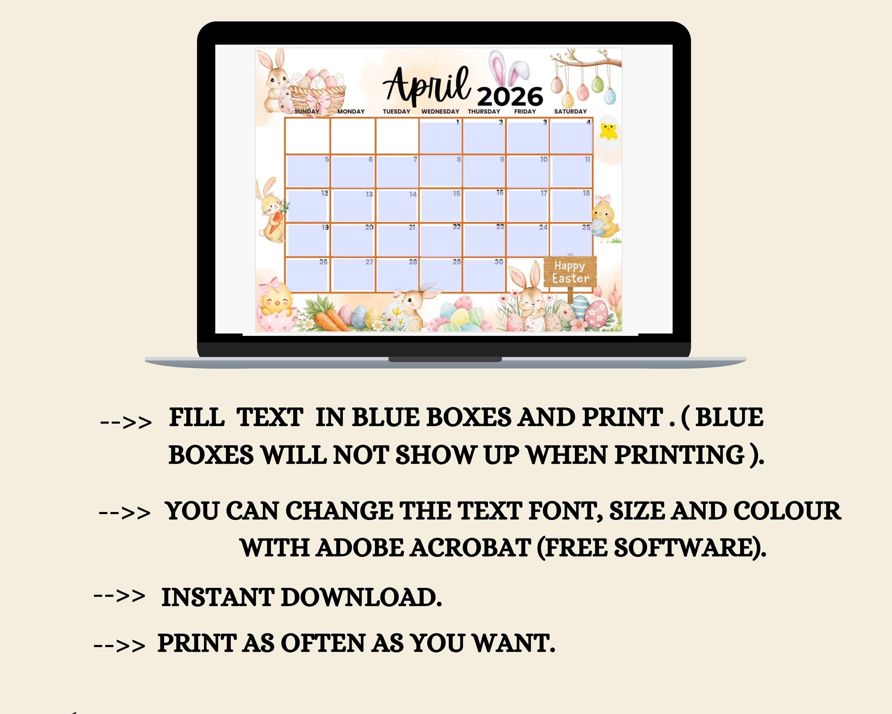 Printable April 2026 Calendar, Editable Easter Planner With Bunnies ...