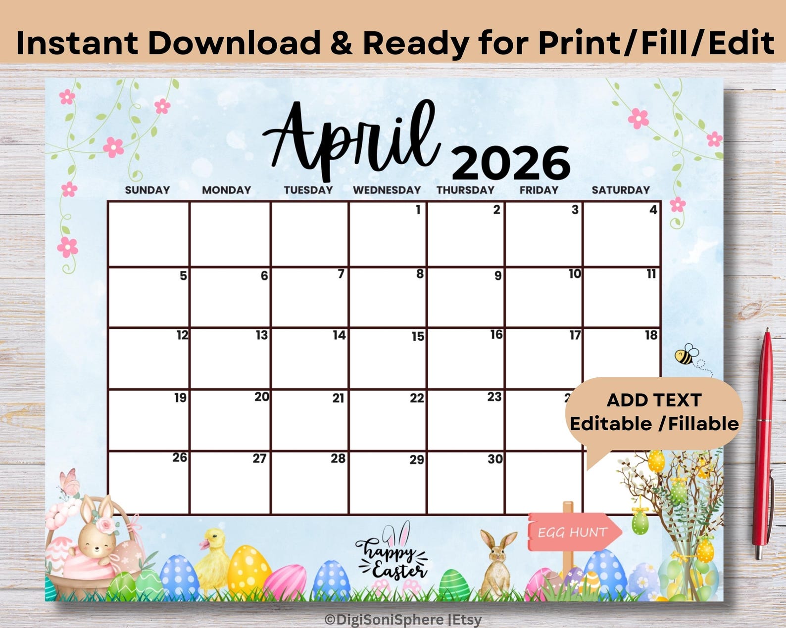 Printable April 2026 Calendar | Easter Theme, Editable PDF (digital ...