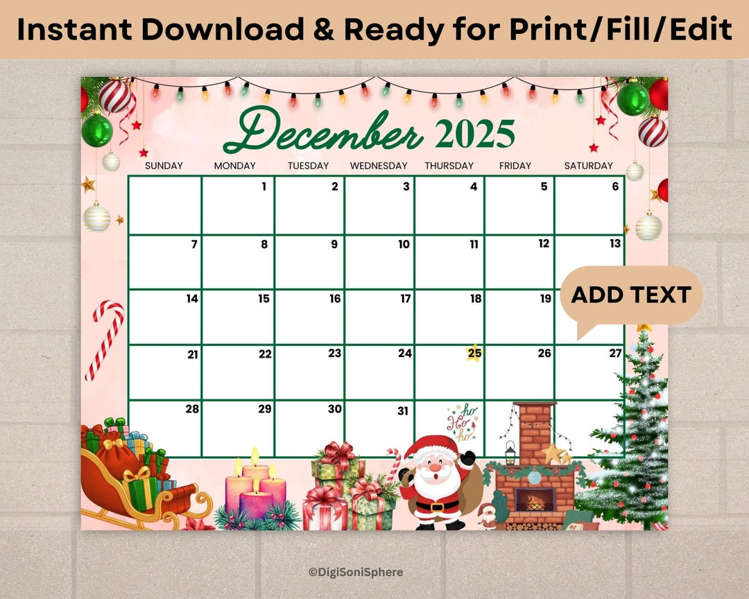 EDITABLE December 2025 Calendar, Christmas W/ Santa Claus, Gifts ...