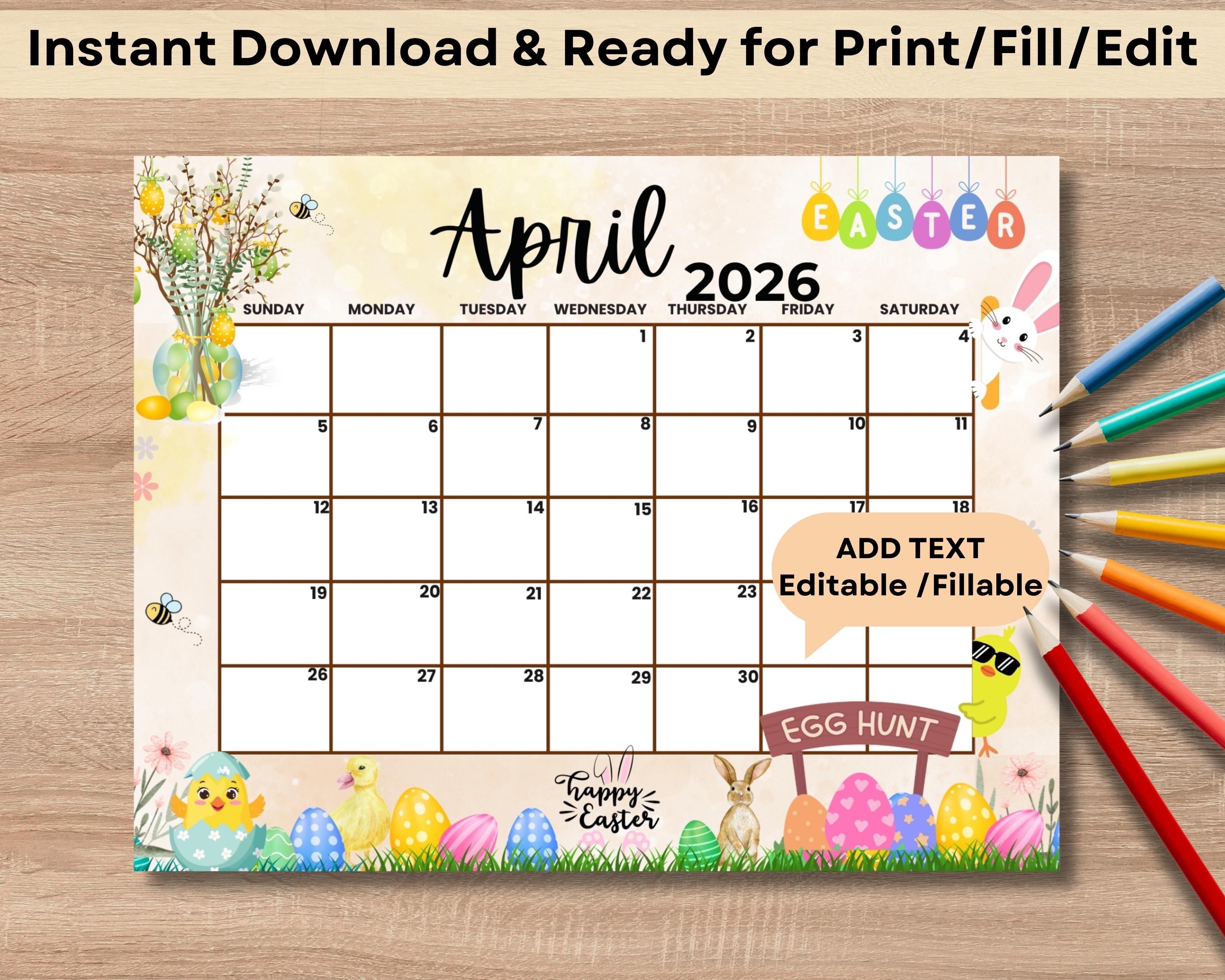 Printable April 2026 Calendar, Editable Easter Planner With Bunnies ...