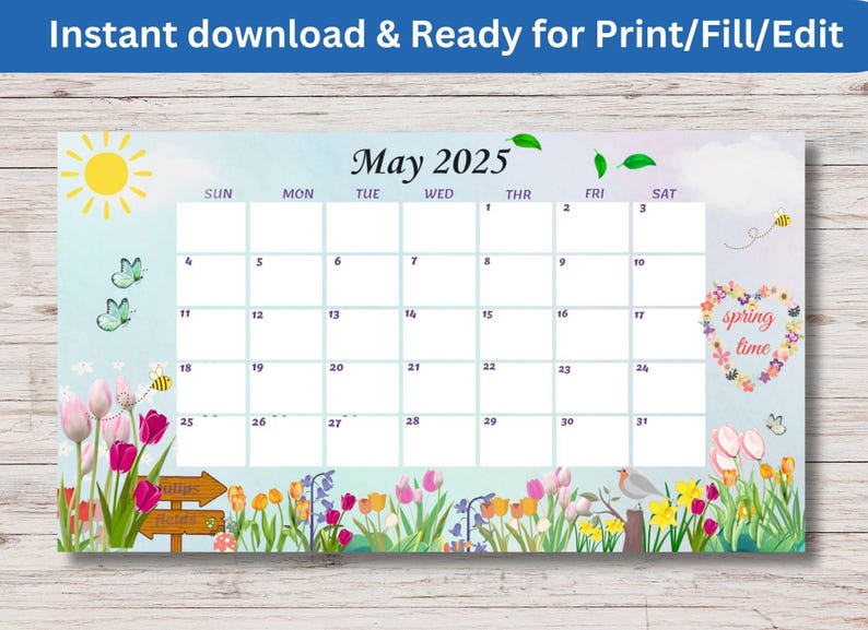 MAY 2025 Fillable Calendar | Printable Editable Calendar | SPRING Theme ...