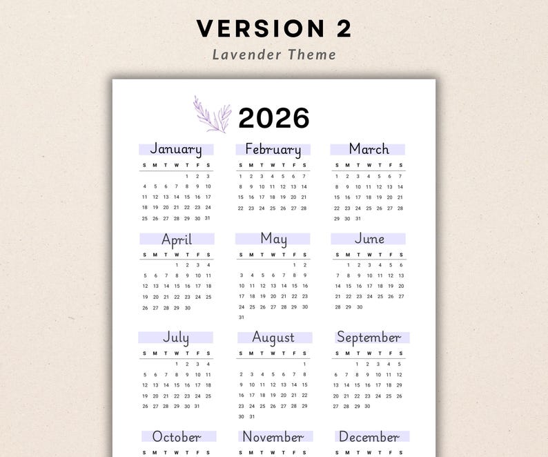 2026 Year at a Glance Calendar | Sunday & Monday Start | 3 Designs | A4 ...