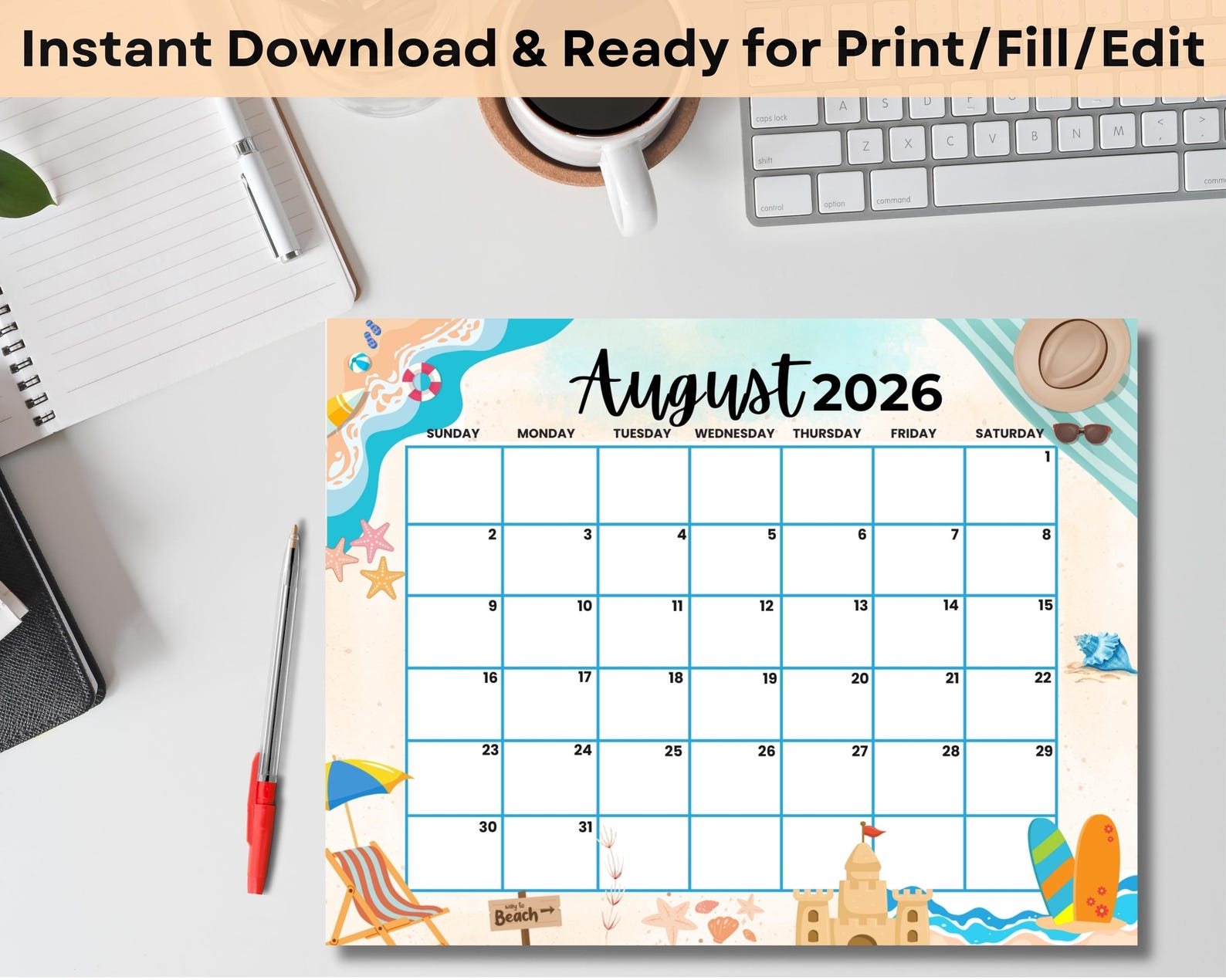 August 2026 Calendar Editable | Beach Theme Calendar | Fillable Monthly ...