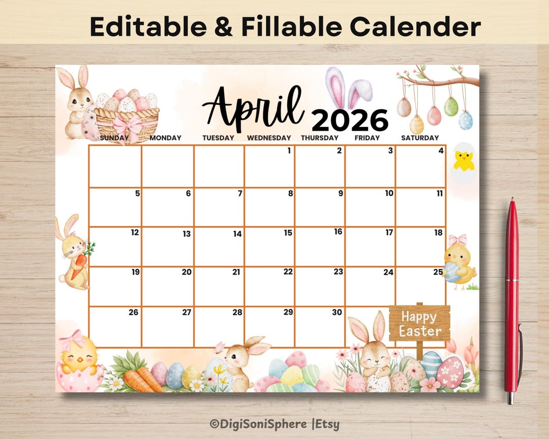 Printable Fillable April 2026 Calendar , Happy Easter With Colorful ...