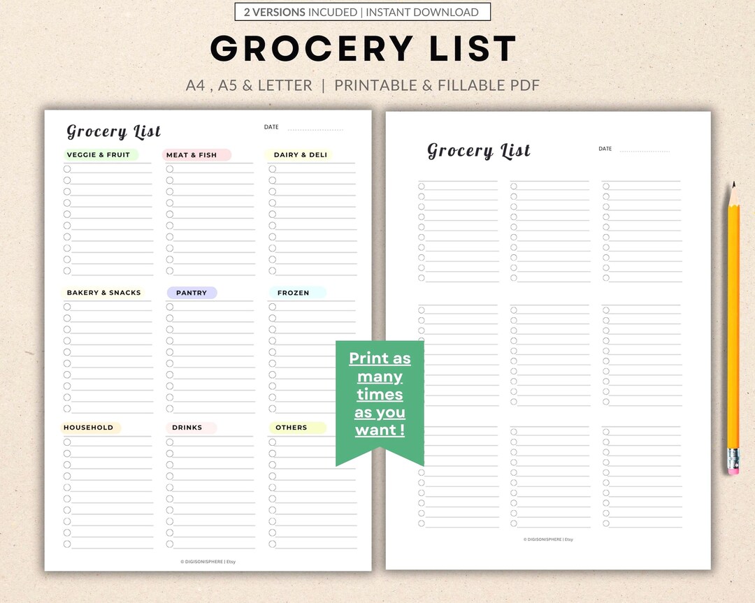Grocery List Printable Template, Sectioned & Blank (fillable PDF),A4,A5 ...