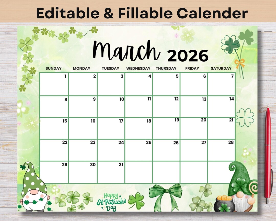 St. Patrick's Day Calendar 2026, Editable Fillable March Calendar ...