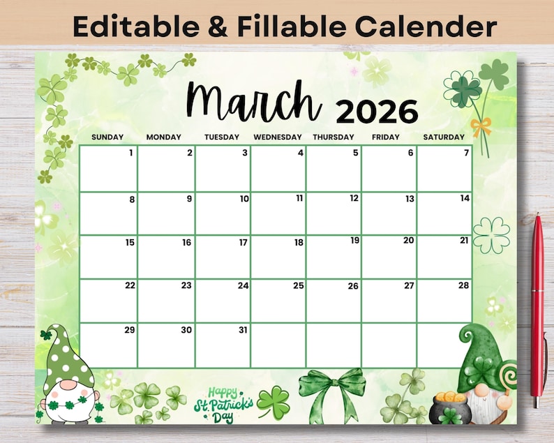 March 2026 Calendar Printable | St. Patrick's Day Gnome Design (digital ...