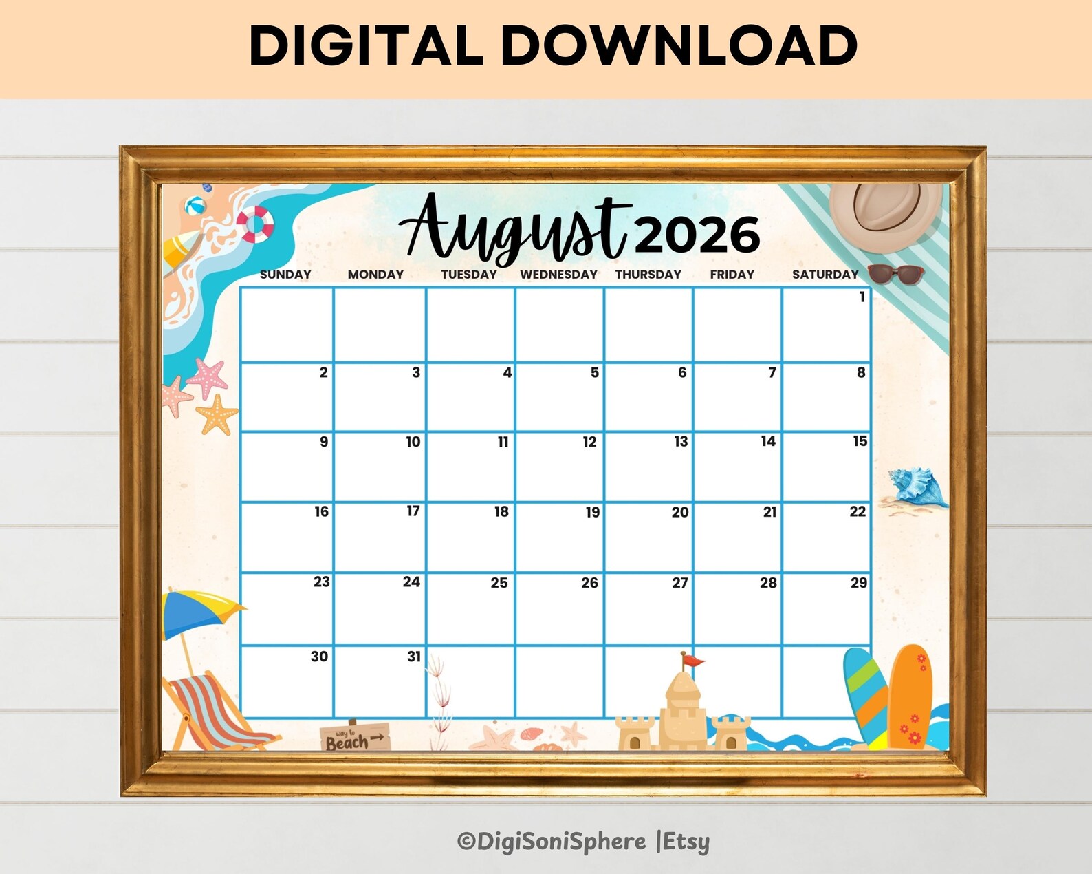 August 2026 Calendar Editable | Beach Theme Calendar | Fillable Monthly ...