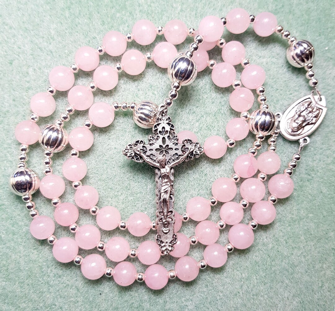 QUARTZ ROSE GEMSTONE Rosary, Natural Catholic Rosary, Sacred Heart ...