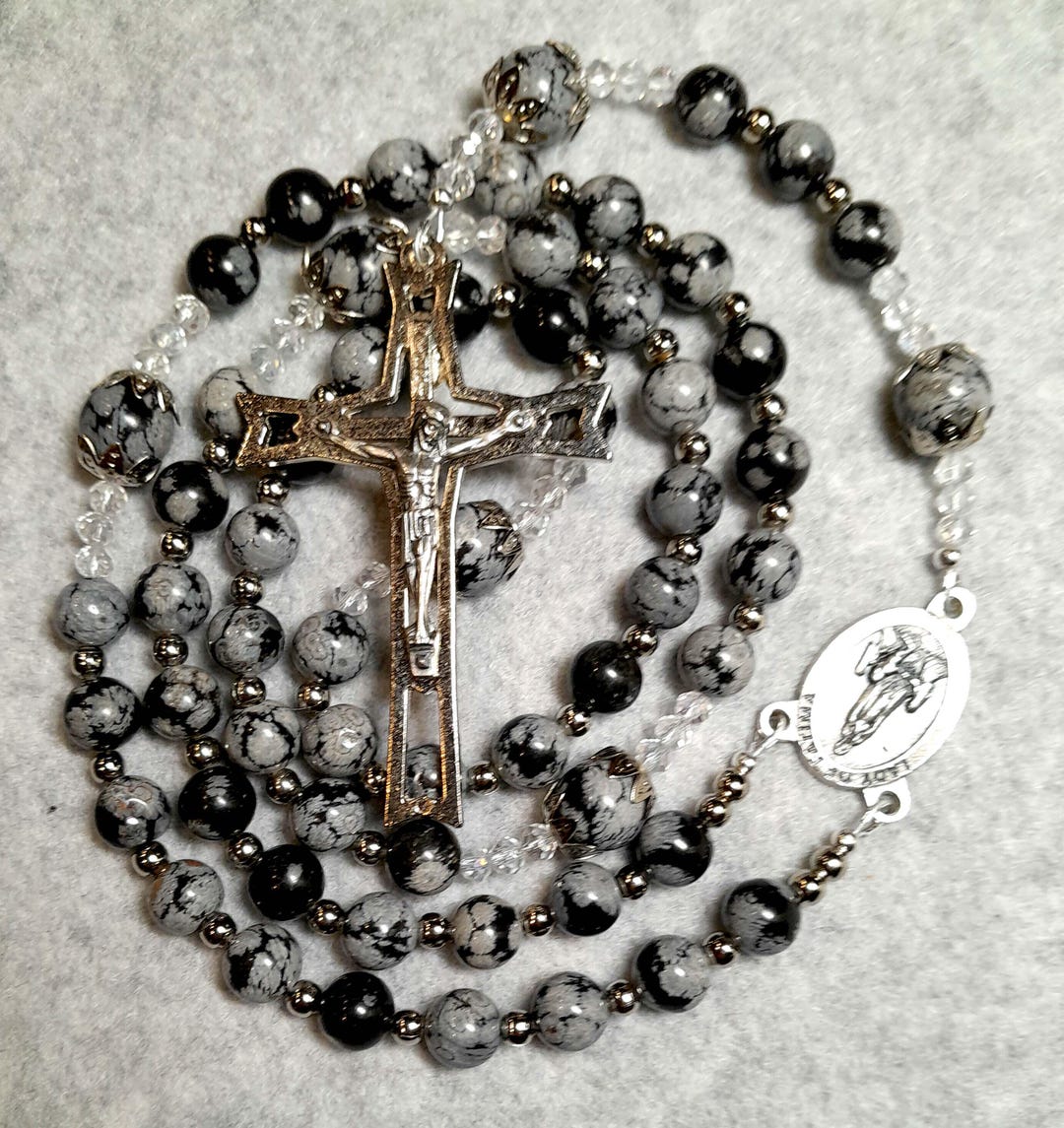 SNOWFLAKE OBSIDIAN Gemstone ROSARY: Italian Crucifix, Fatima Center ...