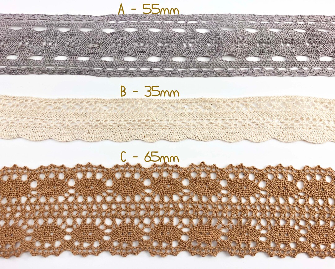 Cotton Crocheted Lace Trim Wide 65mm 55mm and 35mm Gray Caramel and ...