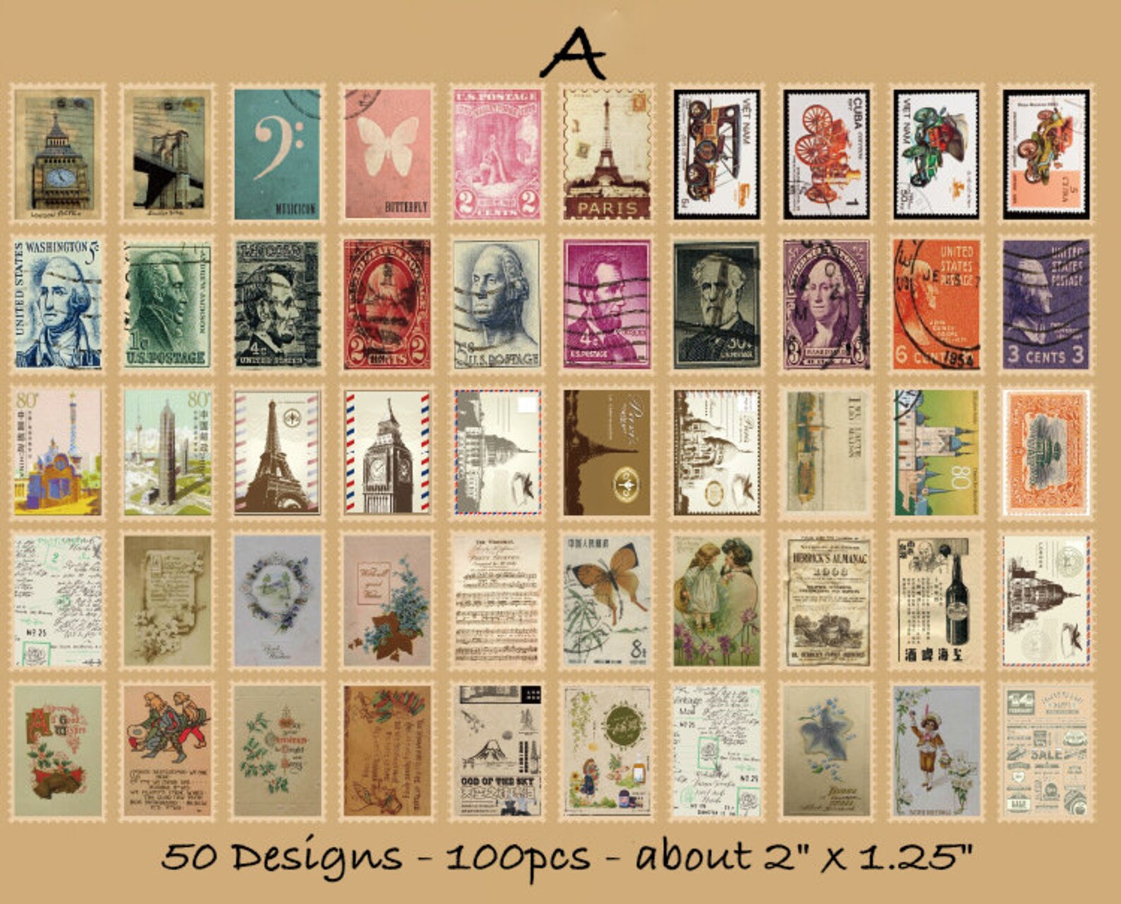 100 Pcs Vintage Label Stamp Sticker Vintage Sticker Vintage - Etsy