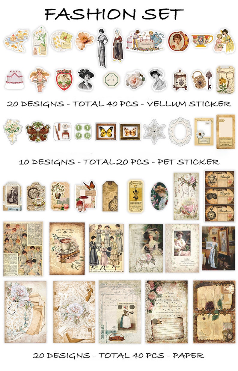 Antique Ephemera Stickers: Vellum & Paper Scrapbooking Set - Etsy