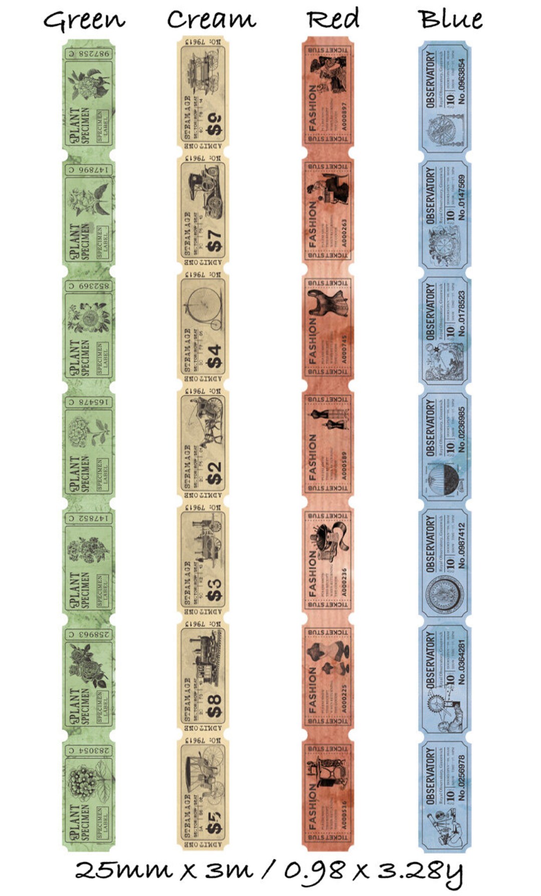 Vintage Impressions Ticket Tape, Botanical Ticket Tape, Sewing Ticket ...