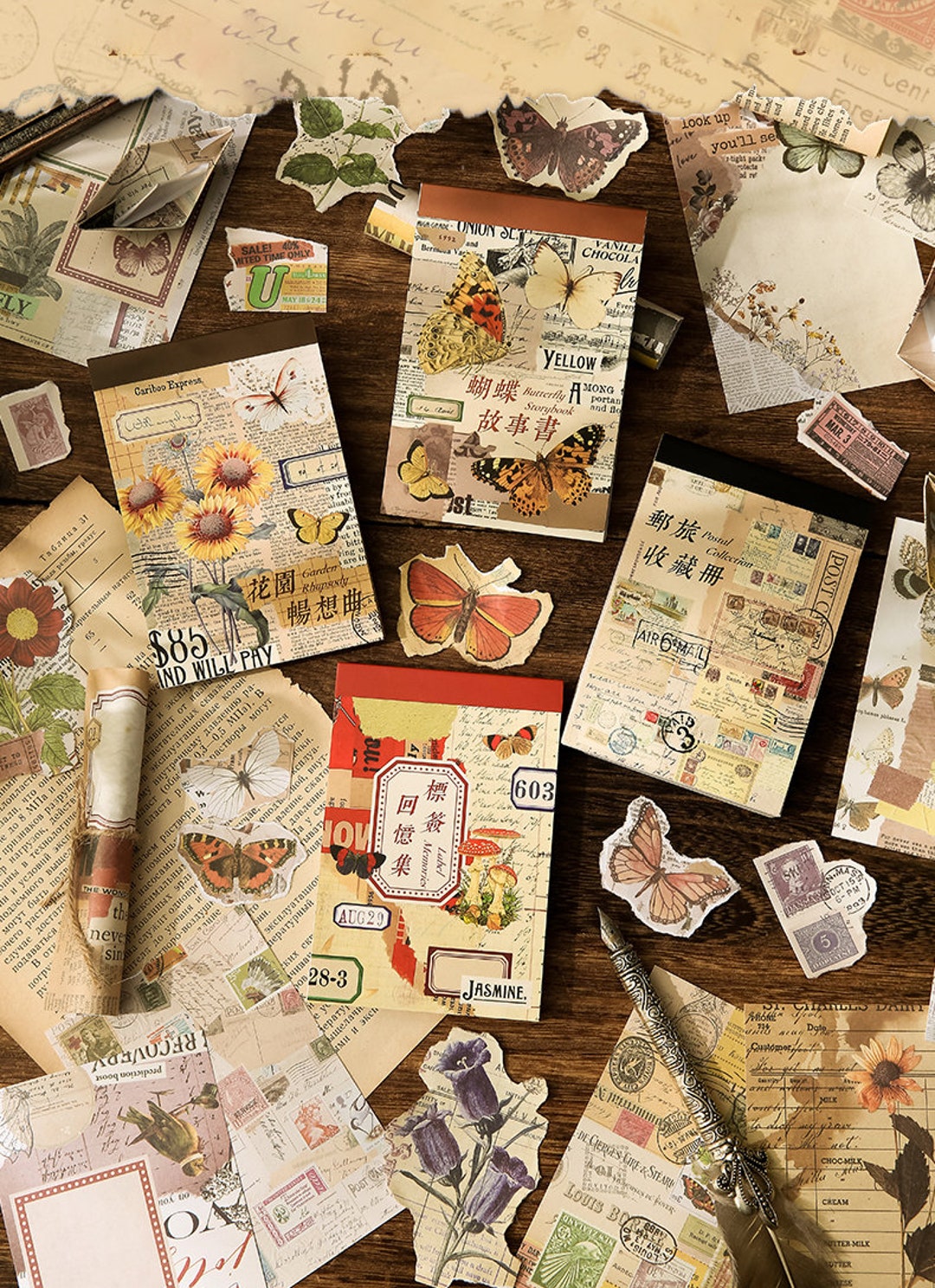 Botanical Collage Booklet: Butterfly, Foliage, Old Pages, Labels - Etsy